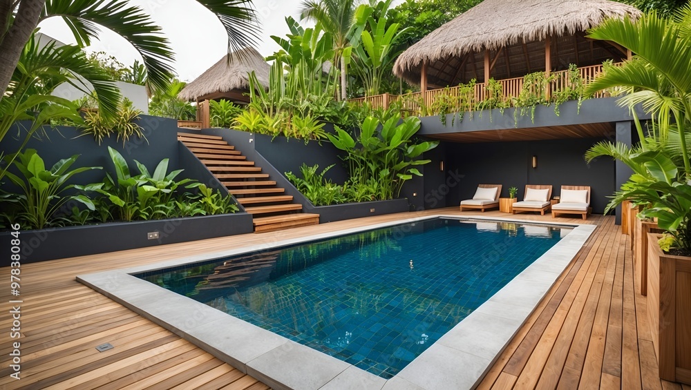 Luxurious outdoor pool area with a modern, tropical design. The layout ...
