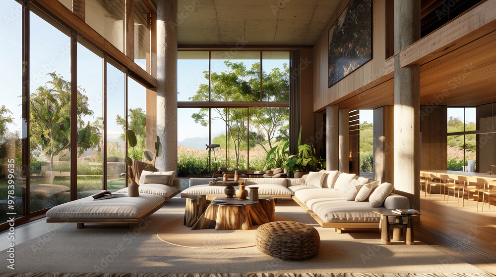 Open-plan living spaces with natural materials, earthy tones, and large ...
