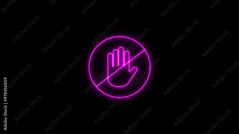 neon, glowing hand stop icon. Warning Symbol for Prohibited Actions ...