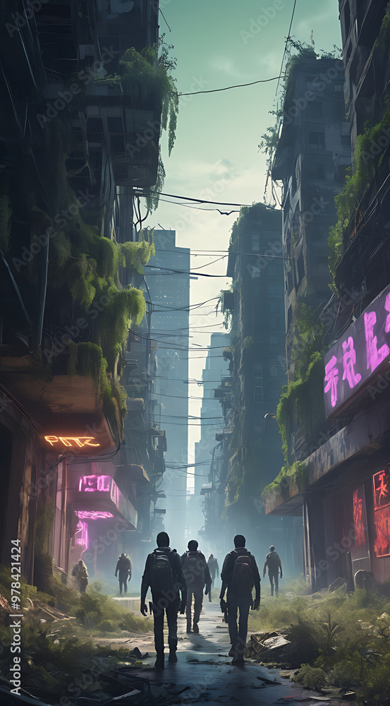 A group of zombies walking through a deserted, dystopian city in the ...