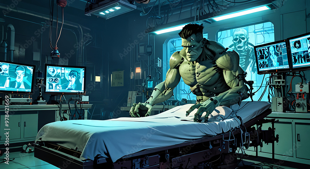 Frankenstein's monster being repaired in a futuristic laboratory, where ...