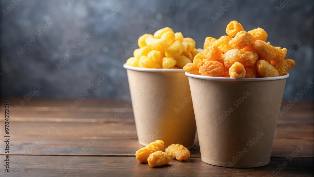 Assorted puff corn snacks in two paper cups, puff corn, snacks ...