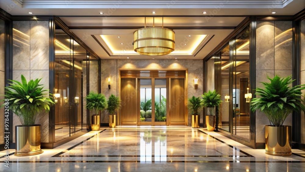 Elegant hotel entrance with golden accents and plants, luxury, upscale ...