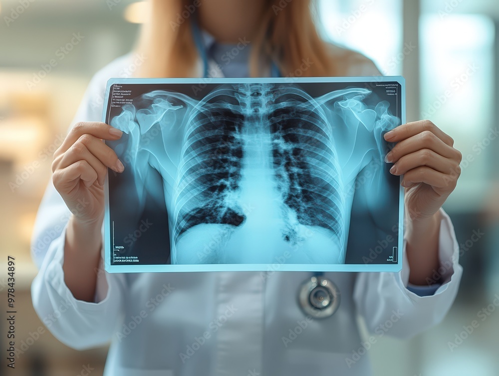 Doctor holding a chest X-ray image in a medical clinic, showcasing a ...