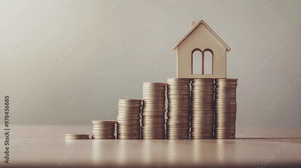 Coins arranged in ascending stacks, with a house model on top of the ...