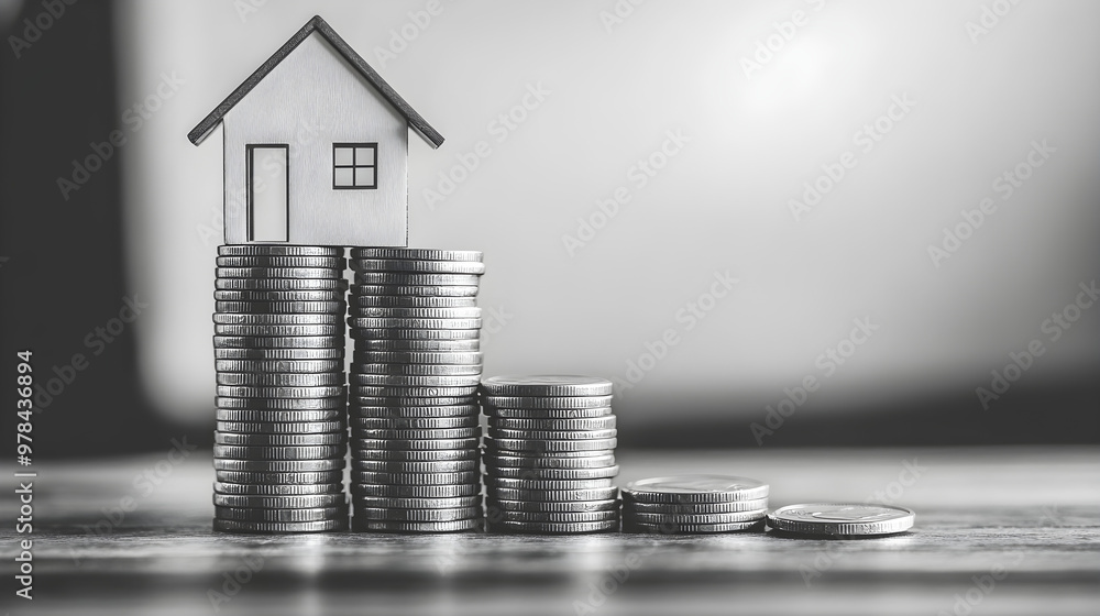 Coins arranged in ascending stacks, with a house model on top of the ...
