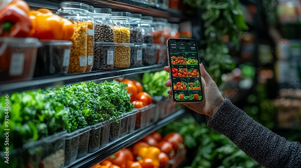 Grocery Shopping with Technology: A hand holding a smartphone with a ...
