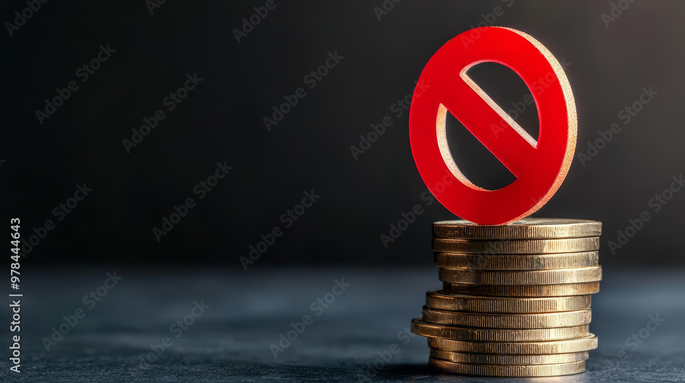 Red no entry sign hovering over stacks of money in dark background ...