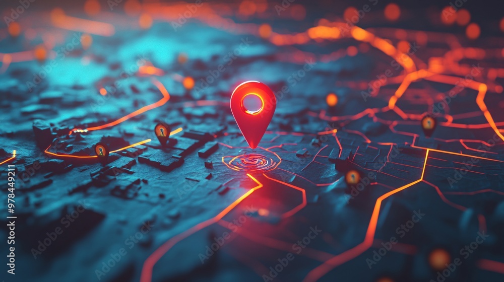 Detailed map with a bright red location pin and a distinct point of ...