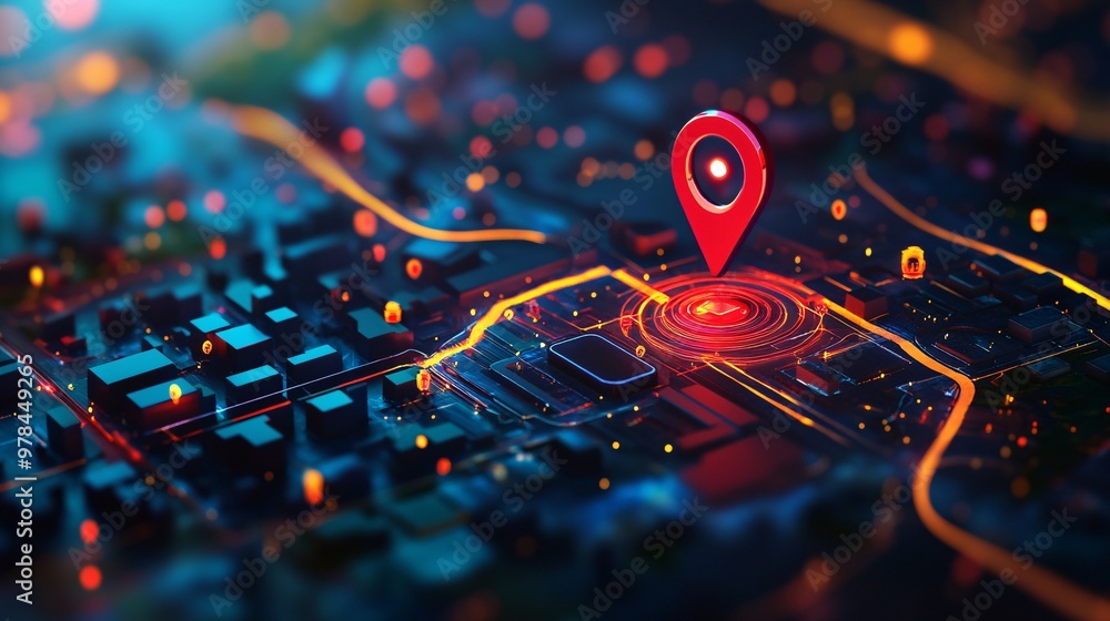 Detailed map with a bright red location pin and a distinct point of ...