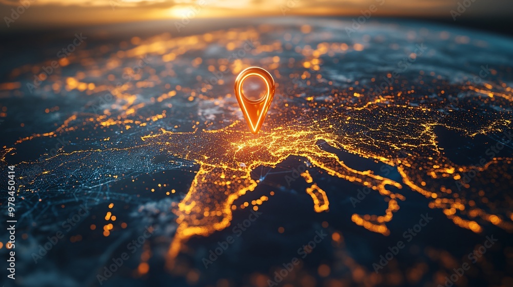 Location pin floating above an airplane with animated travel lines ...