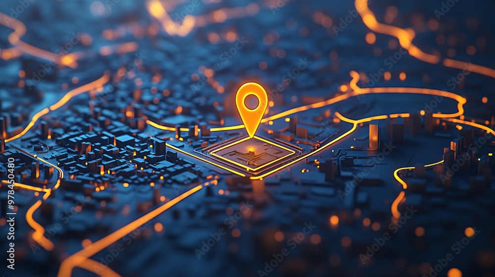 Location pin glowing brightly on a bus route map, detailed streets and ...