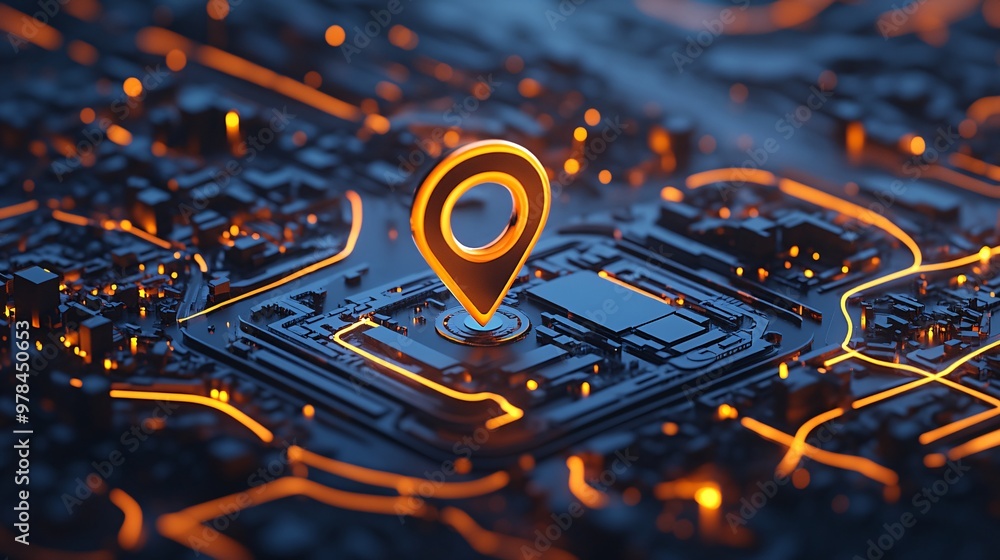 Location pin and restaurant icon glowing brightly on a bustling city ...
