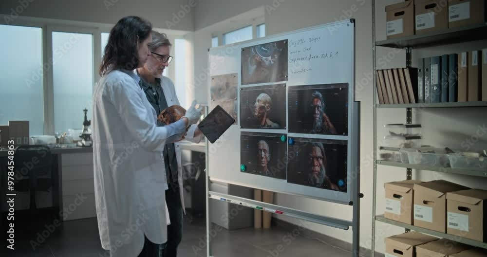 Two scientists study fossil skull of prehistoric man using tablet ...