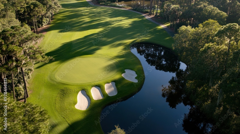 An aerial view of a challenging par 5 hole, showing the layout of the ...
