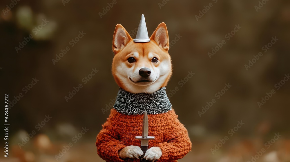 Shiba Inu dressed as a knight with a tiny sword in a spooky forest ...