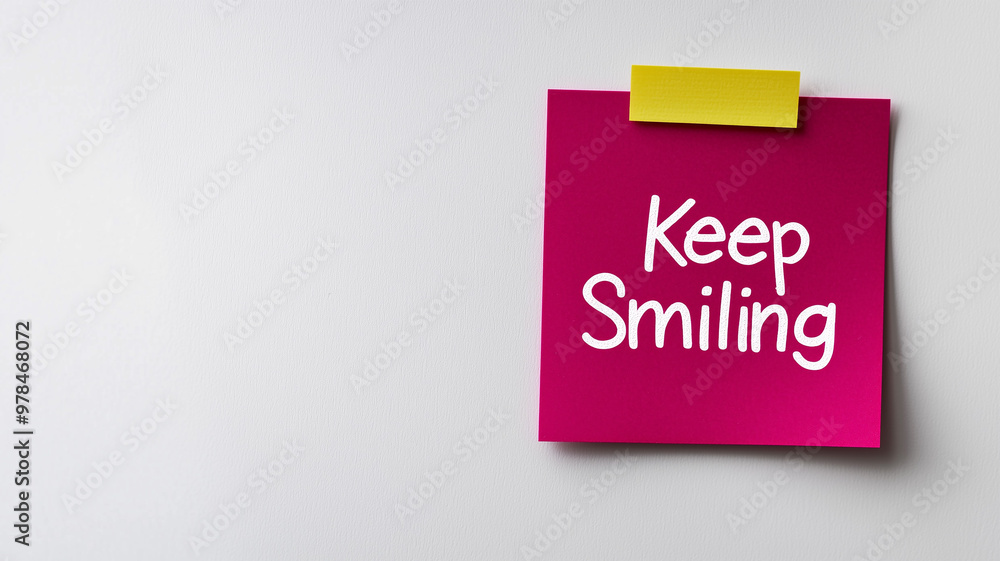 Sticky Note: A single maroon sticky note with the words "Keep Smiling ...