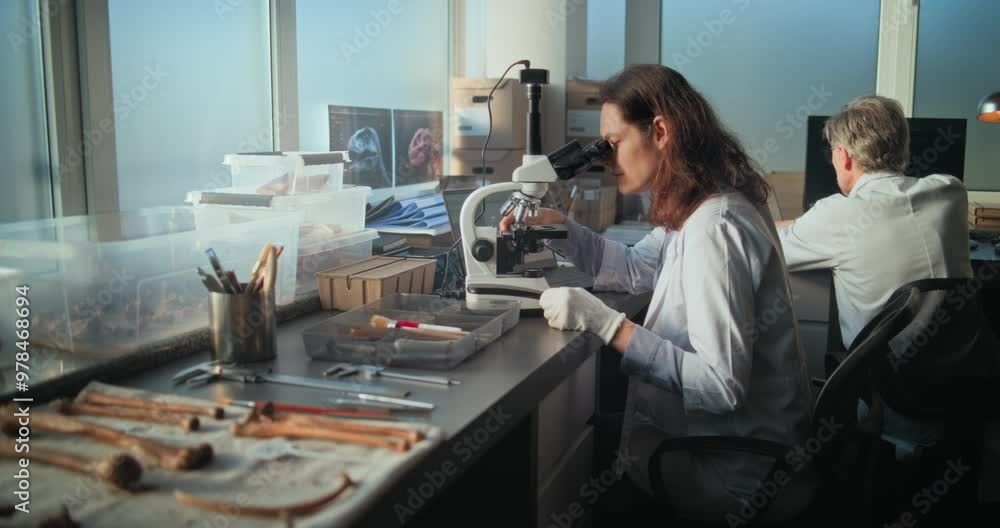 Female chemist or microbiologist conducts fossil analysis under ...