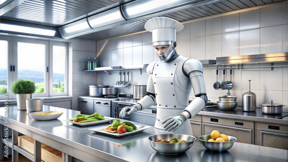 Robot chef preparing a gourmet meal in a high-tech kitchen, robotic ...