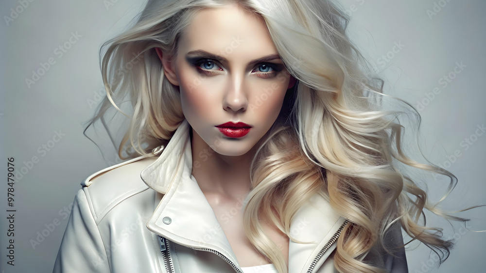 striking blonde woman with flowing hair, intense blue eyes, and a white ...