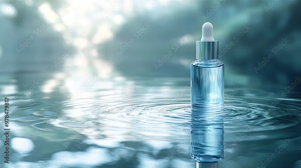 Cosmetic bottle reflecting in water with subtle ripple effects ...