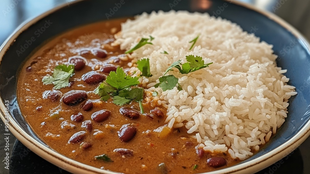 Delicious Rajma Chawal plated neatly with a rich, red kidney bean curry ...