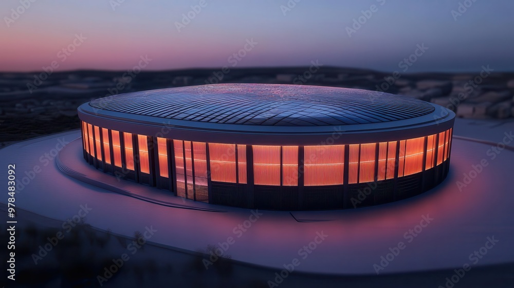 A 3D model of a futuristic stadium with a retractable roof and LED ...