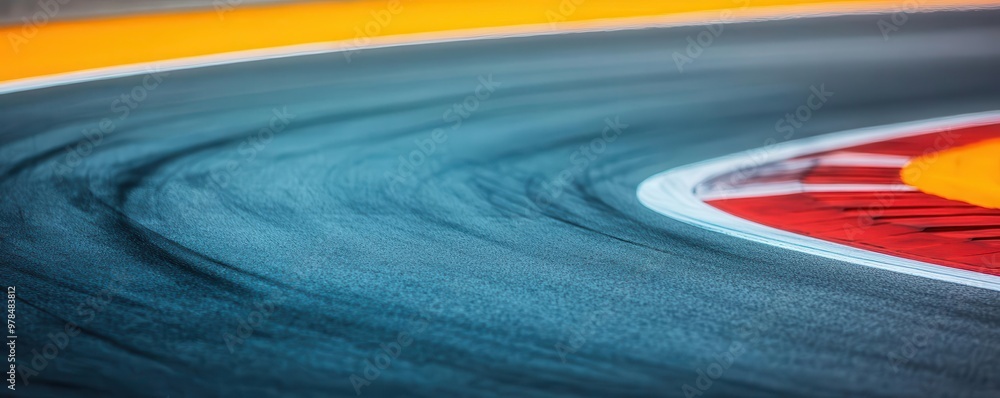 A dynamic shot of a Formula 1 race track as cars speed around a stadium ...