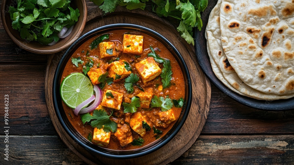 Flat lay of a traditional Kadai Paneer, served with warm chapati, fresh ...
