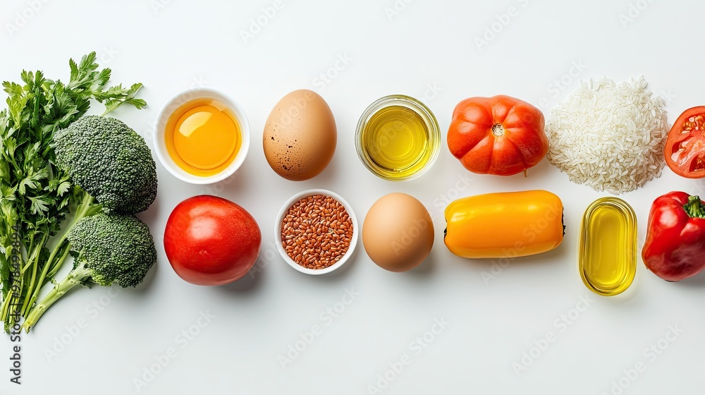 Healthy essentials including vibrant vegetables, eggs, fruit, rice, and ...