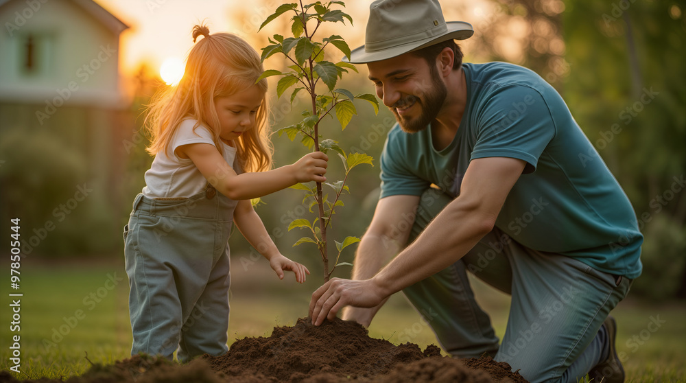 A father and his daughter plant a tree together, promoting eco-balance ...