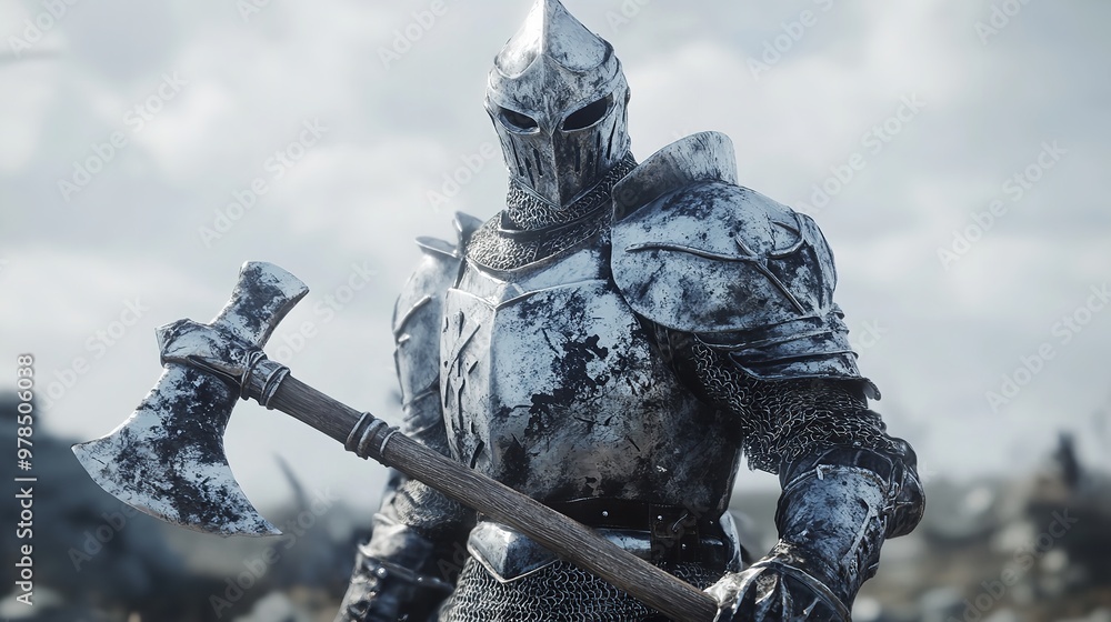 Medieval knight charging into battle with ax on battlefield Stock ...