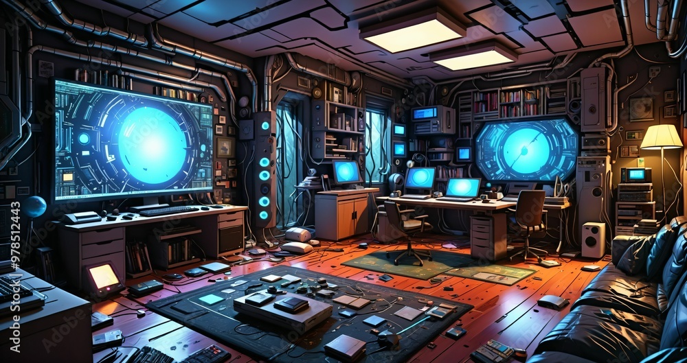messy living room in futuristic sci fi house home in the woodland ...