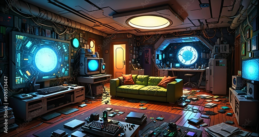 messy living room in futuristic sci fi house home in the woodland ...