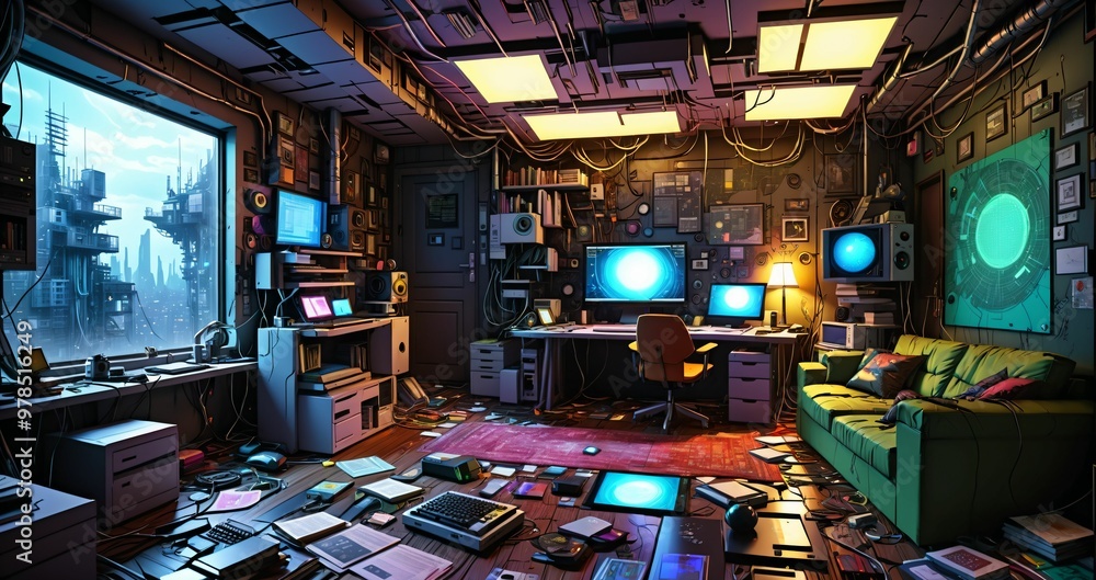 messy living room in futuristic sci fi house home in the woodland ...