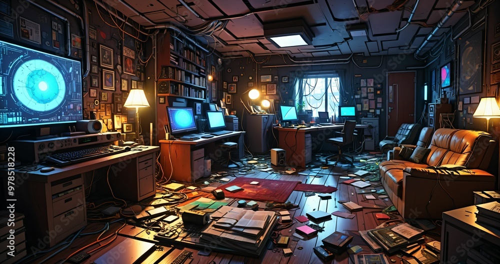 messy living room in futuristic sci fi house home in the woodland ...