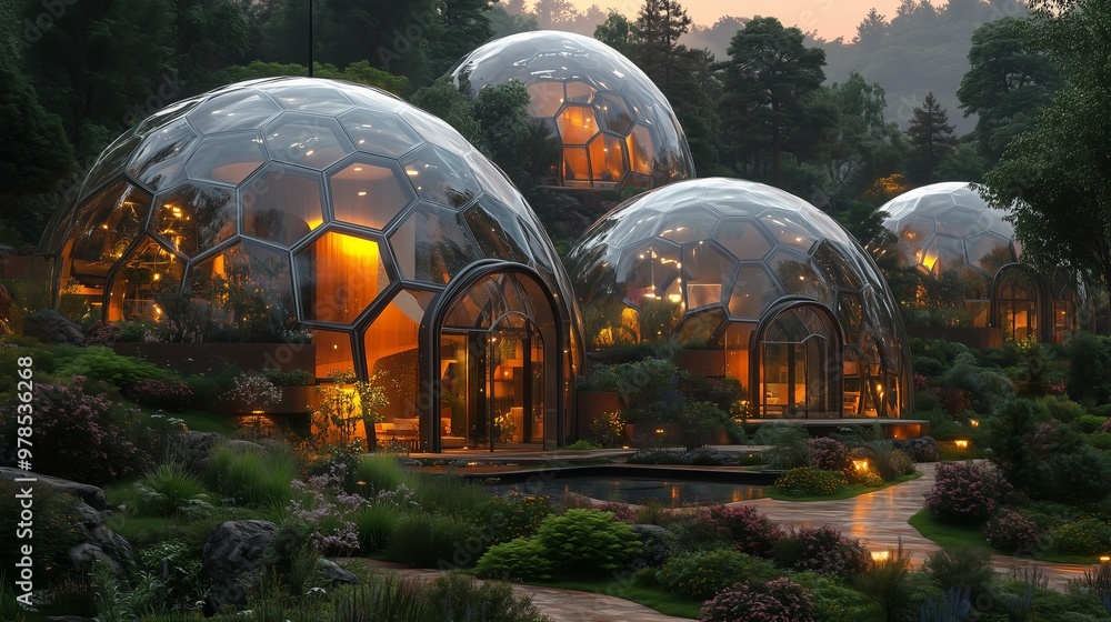 Modern geodesic domes lit warmly among lush greenery, showcasing ...