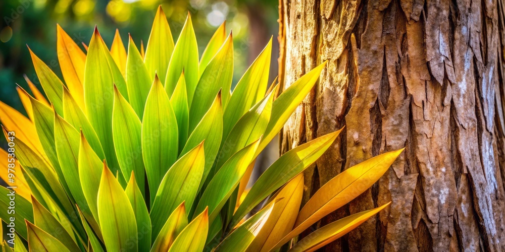 Softly glowing flax leaves unfold from weathered paperbark tree trunks ...