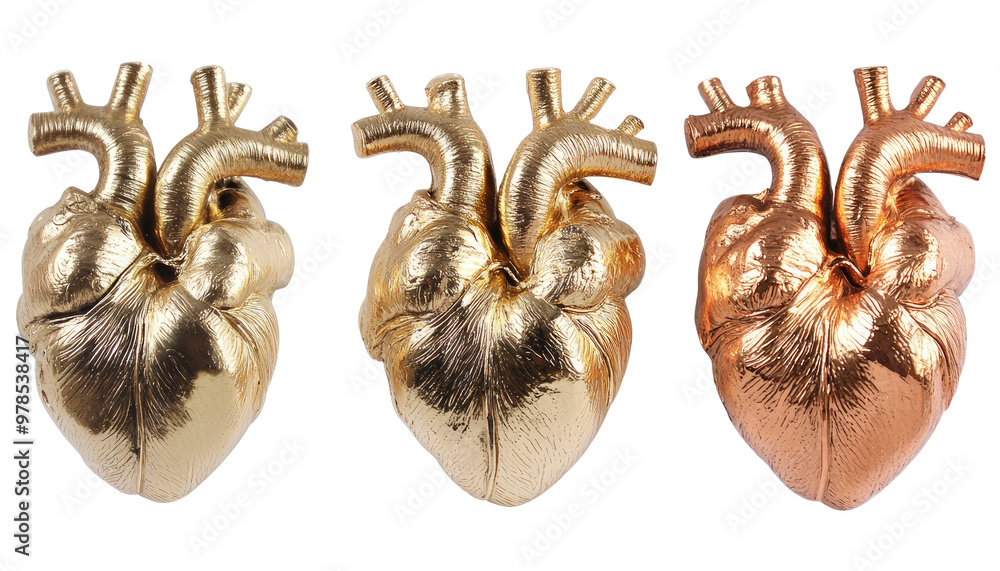 Three golden anatomical heart models isolated on black background, with ...