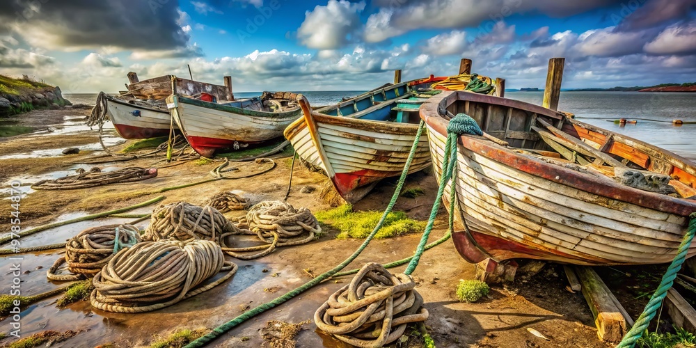 Weathered wooden boats docked along rustic shoreline, worn smooth by ...