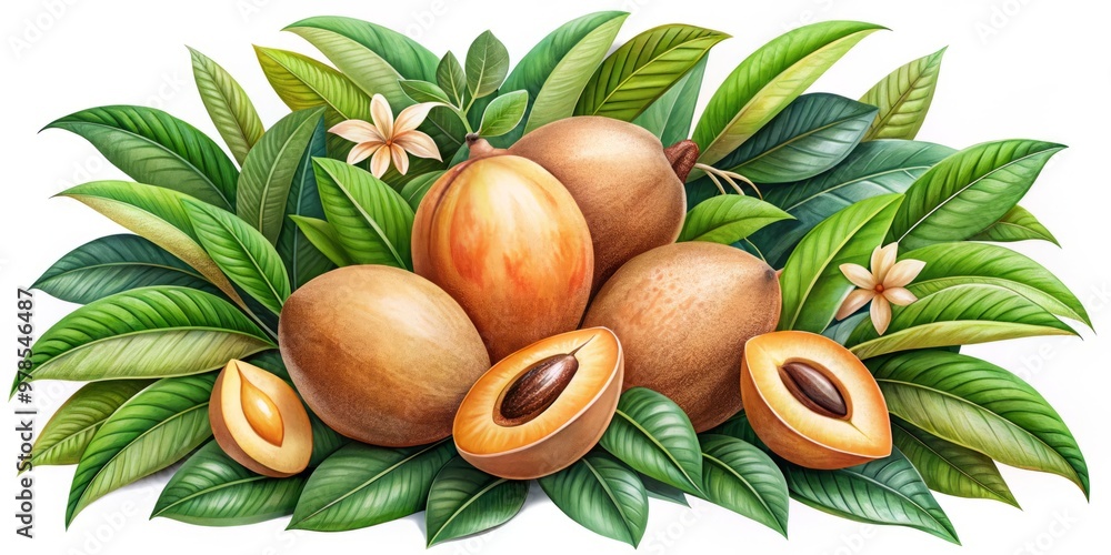 "Depict a cluster of iconic Sapotaceae family plants, including ...