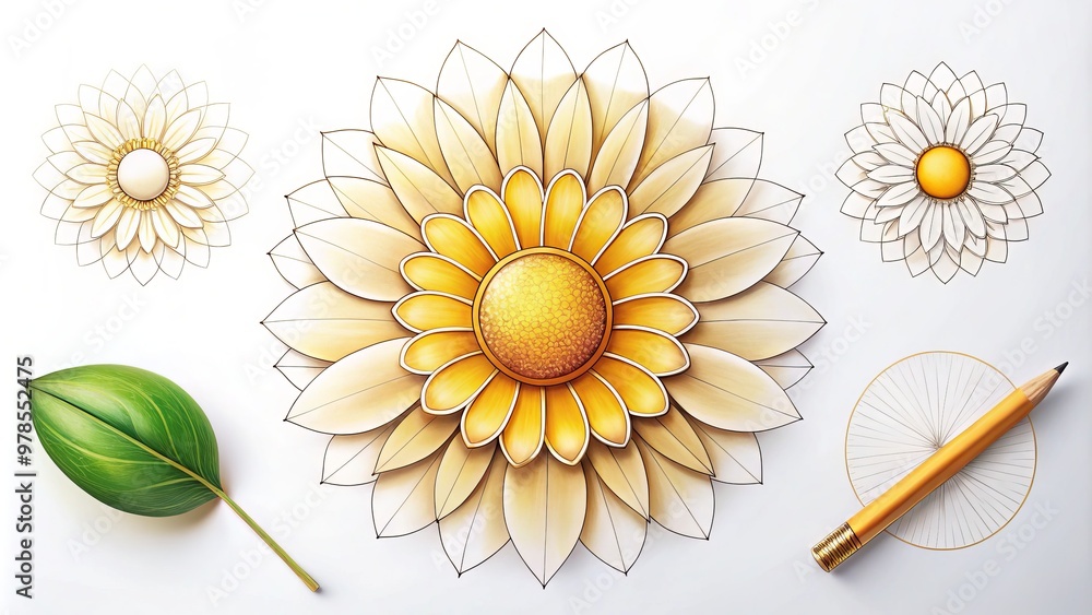 "Draw circular center, add sepals and petals, shade slightly, form ...