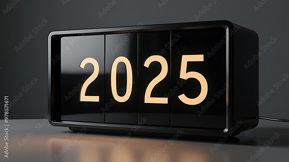 A digital flip clock displays the year "2025" in bold white numbers ...