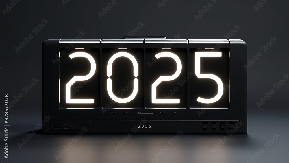 A digital flip clock displays the year "2025" in bold white numbers ...