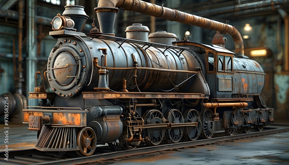 Dramatic industrial steam engine rendering showcasing intricate piping ...