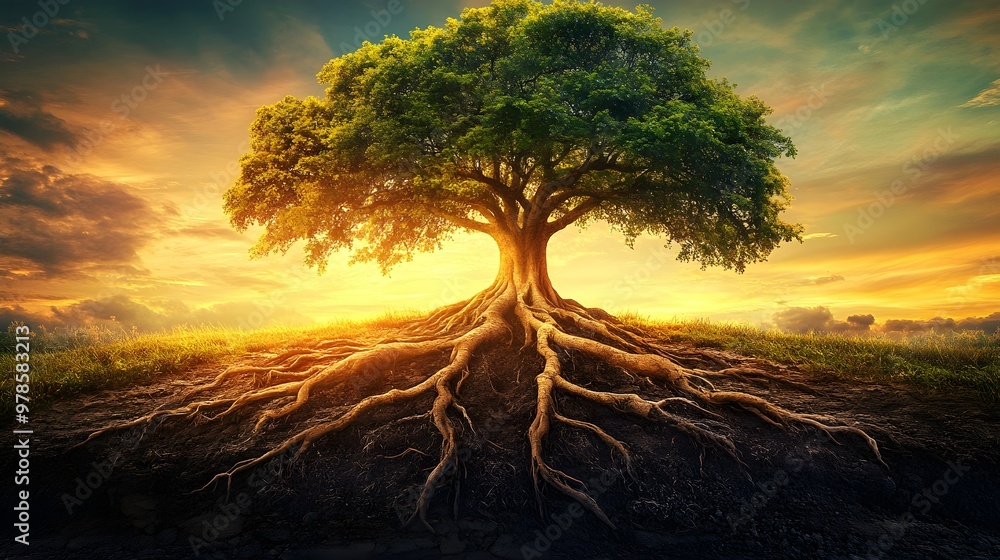 Illustrate a tree with diverse roots intertwining, representing ...