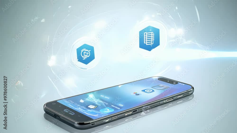 modern smartphone with holographic icons floating above it ...