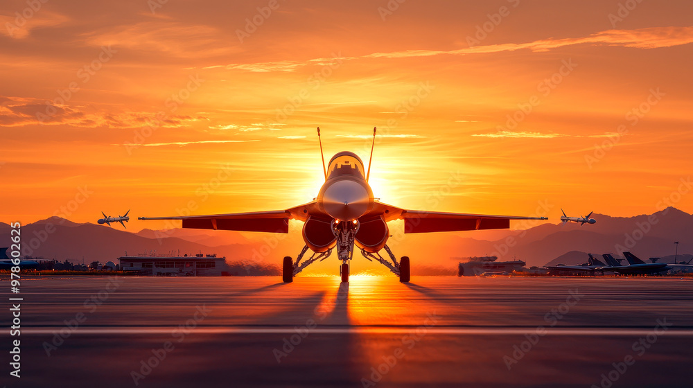 Fighter Jet at Sunset: A powerful fighter jet stands proudly on the ...