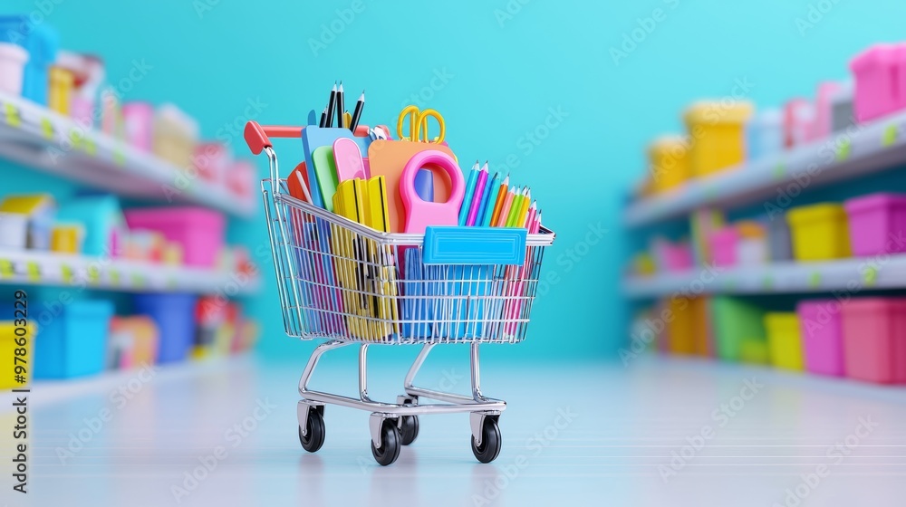 Mini shopping cart filled with colorful stationery in a school supplies ...