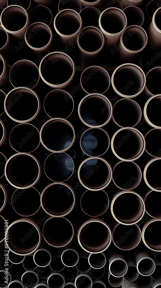 Circular pattern of variety size PVC pipes in a pile stock image for ...